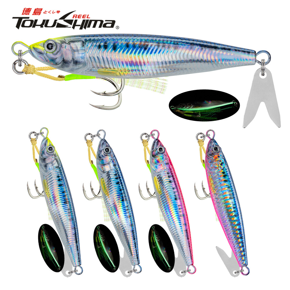 Luminous Metal Slow Jig 3D Printed Body 20-80g Sinking Casting Jigging Bait with Two Assist ...