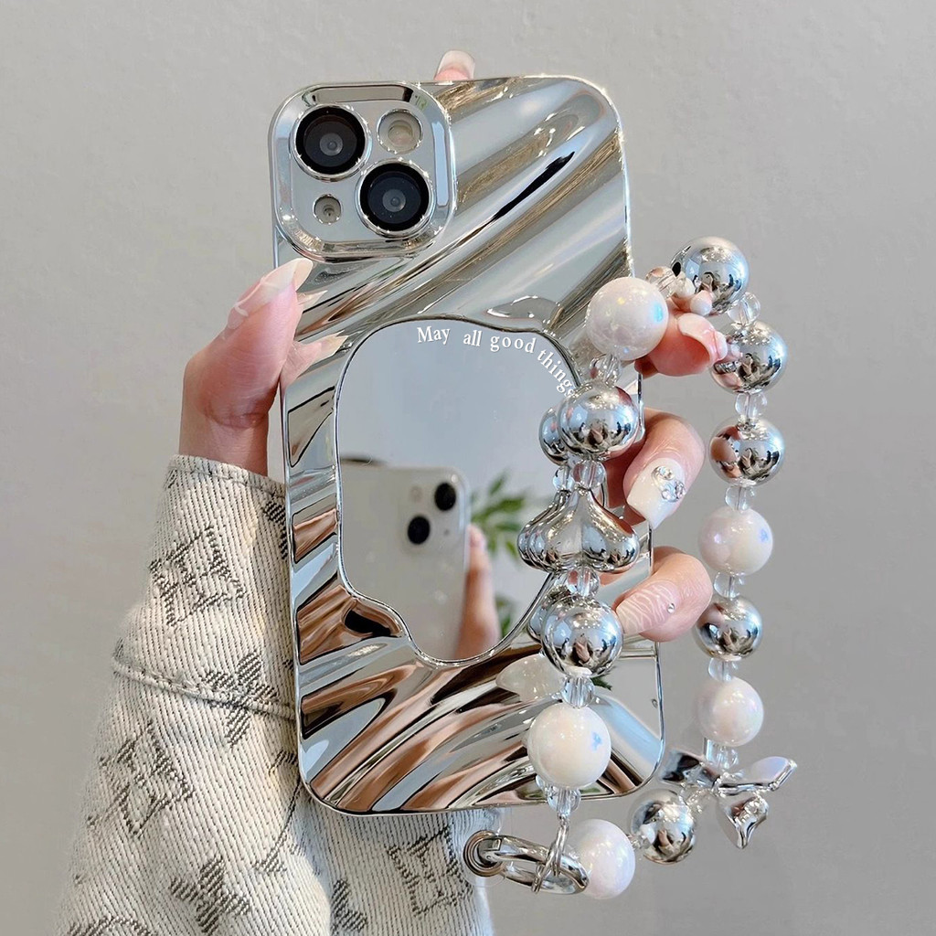 Silver Wave Mirror Cell Phone Chain Case for Iphone 16 15 11 14 13 12 ...