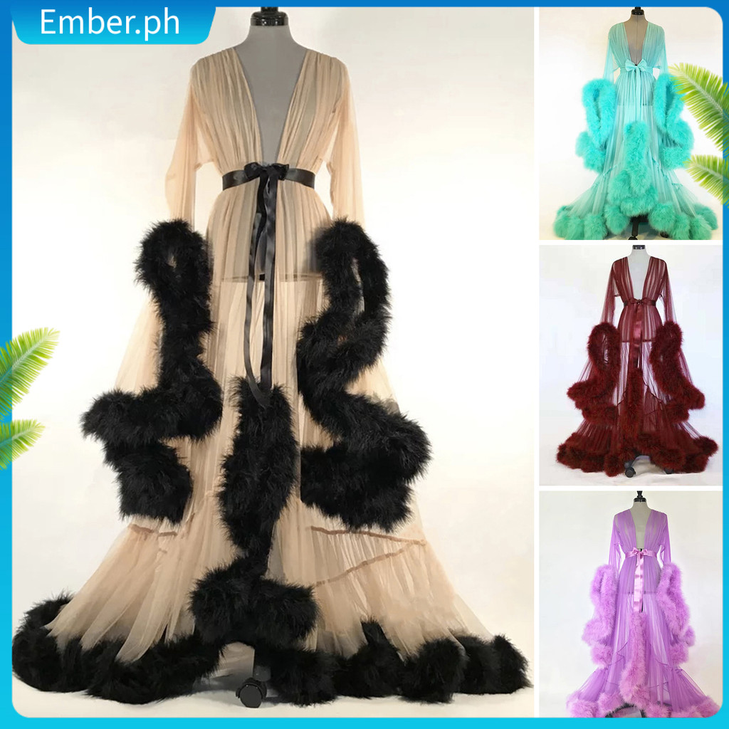 EMB- Women Bath Party Dress See-through Mesh Fluffy Sleeve Pleated A ...