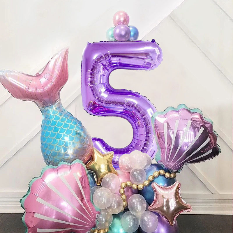 33PCS Mermaid Balloon Number Set Balloon Column Set Mermaid Theme Shell ...