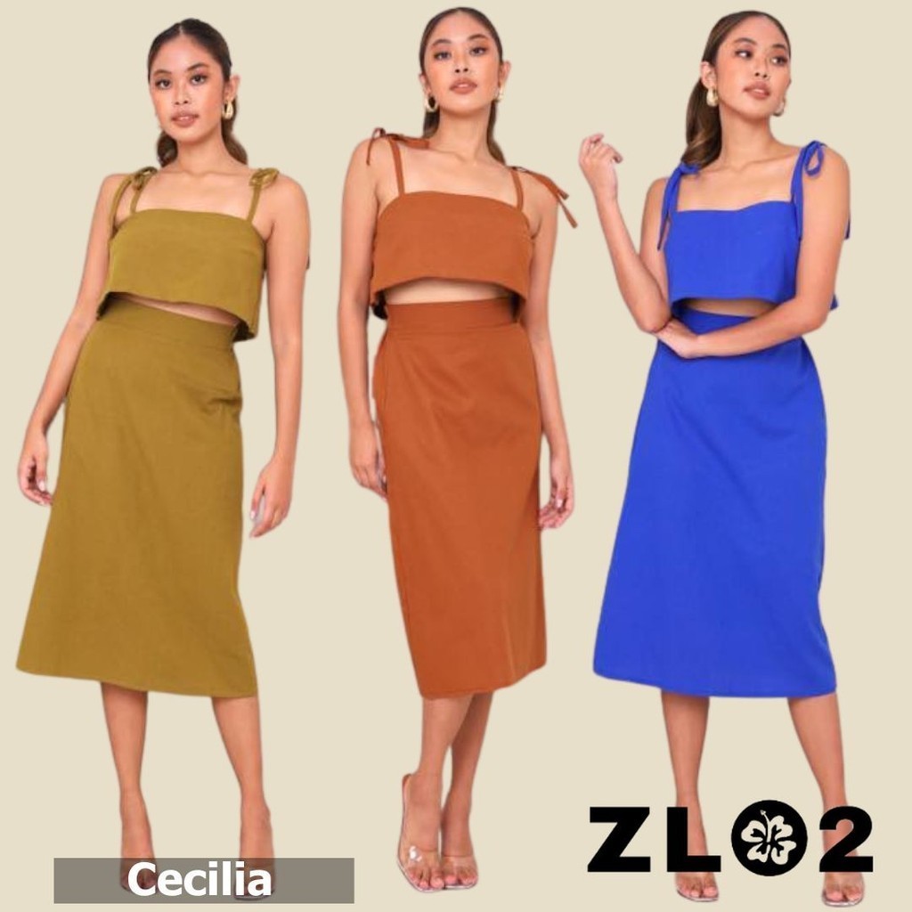 ZLO2 Spaghetti Self Tie Strap Crop Top and Midi Skirt Terno Coordinates ...