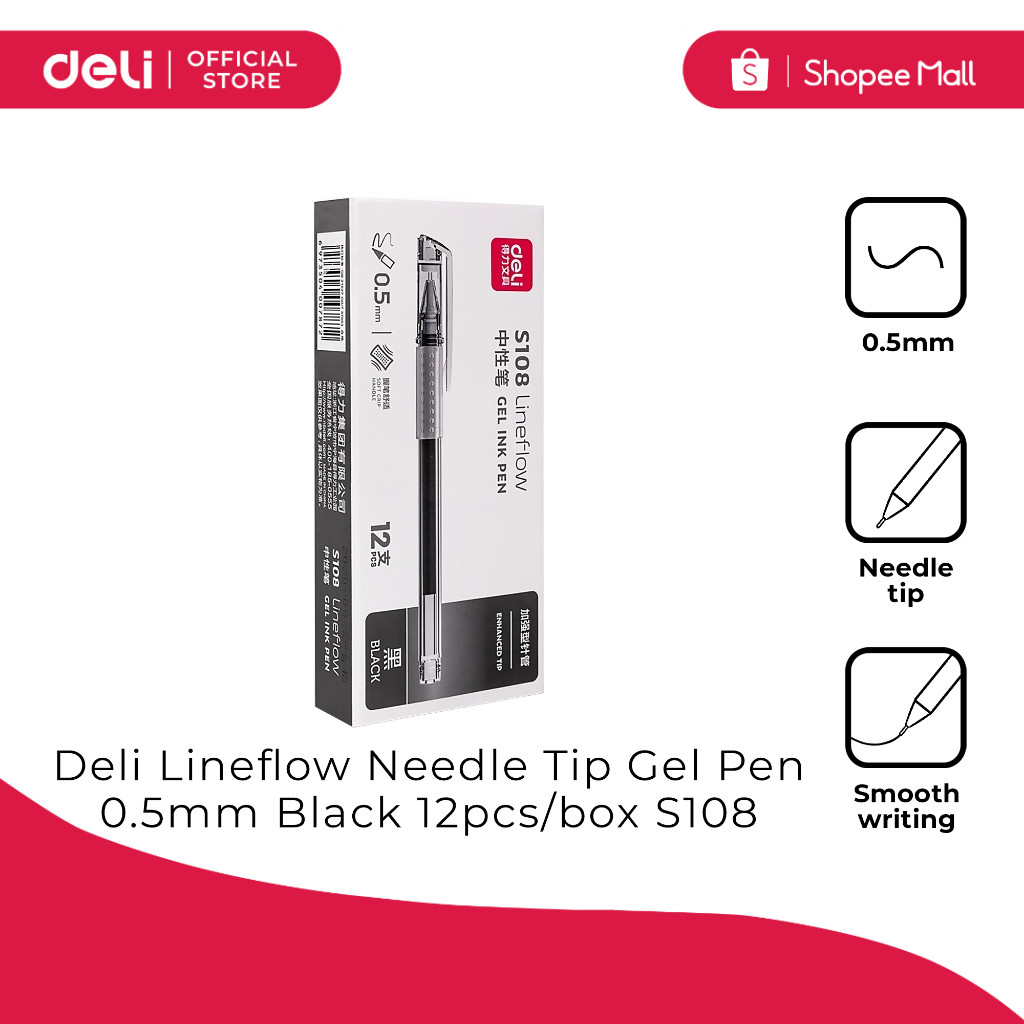 Deli S108 Lineflow Needle Tip Gel Pen 0.5mm Black 12pcs/box | Shopee ...