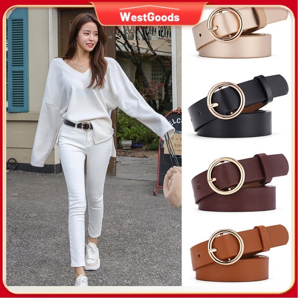 WG Women’s Belt Classic Boho Metal Round Buckle Fashion Solid Leather ...