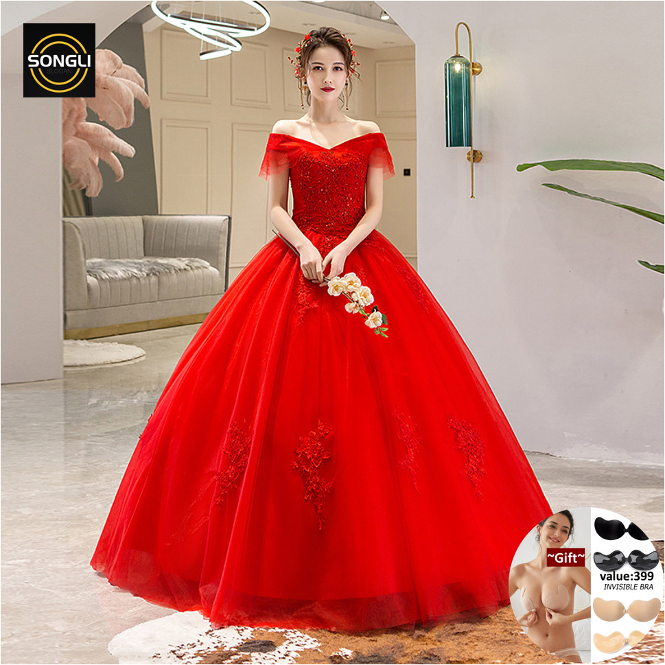 Korean off shoulder red ball gown for js prom dress new long elegant ...