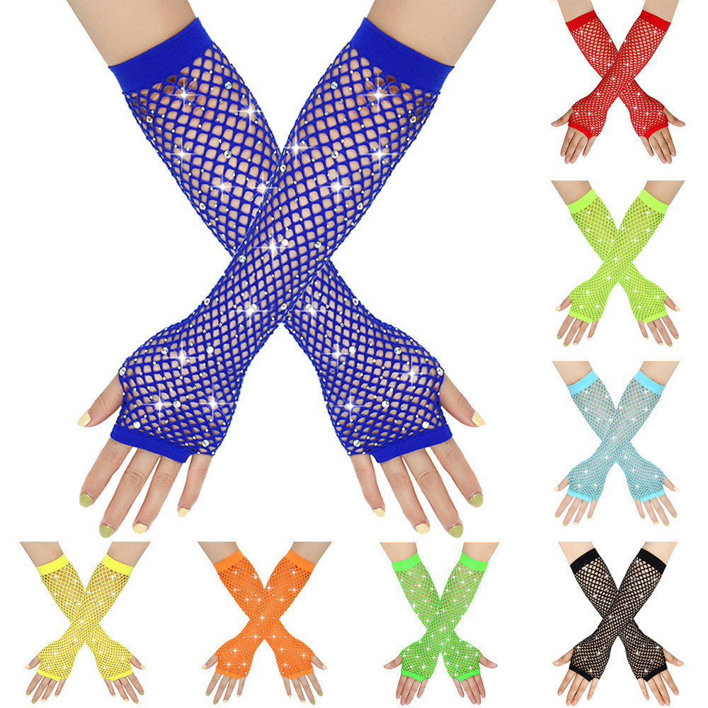 Women Retro Sparkling Sparkling Fishnet Long Mesh Gloves with ...