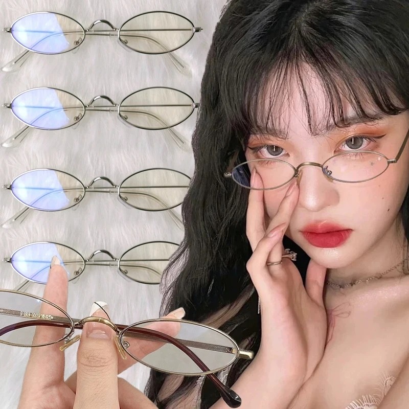 Japanese Harajuku Y2K Metal Oval Frame Glasses- Gold Silver Clear ...