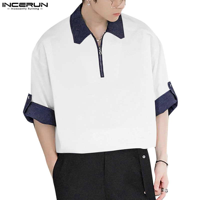 INCERUN Men Korean Casual Turn Down Collar Short Sleeve Patchwork Color ...