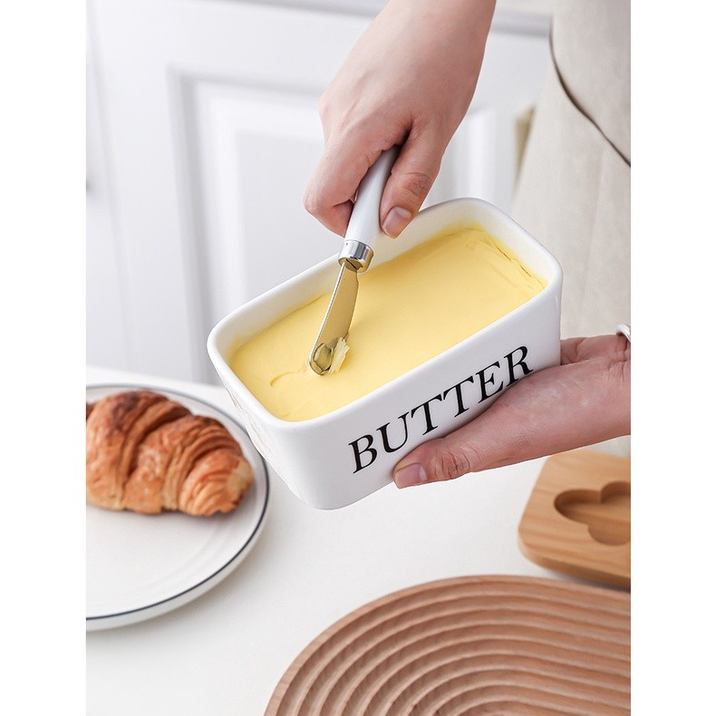 Butter Box Porcelain Butter Keeper Container with Bamboo Lid and Knife ...