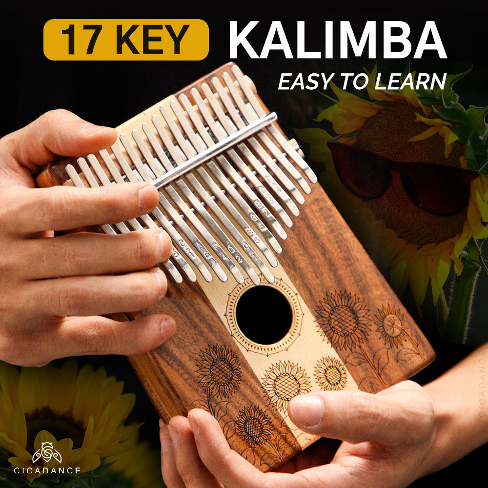 Wooden Kalimba 17 Key Engraved Sunflower Pattern Acoustic Finger Piano ...