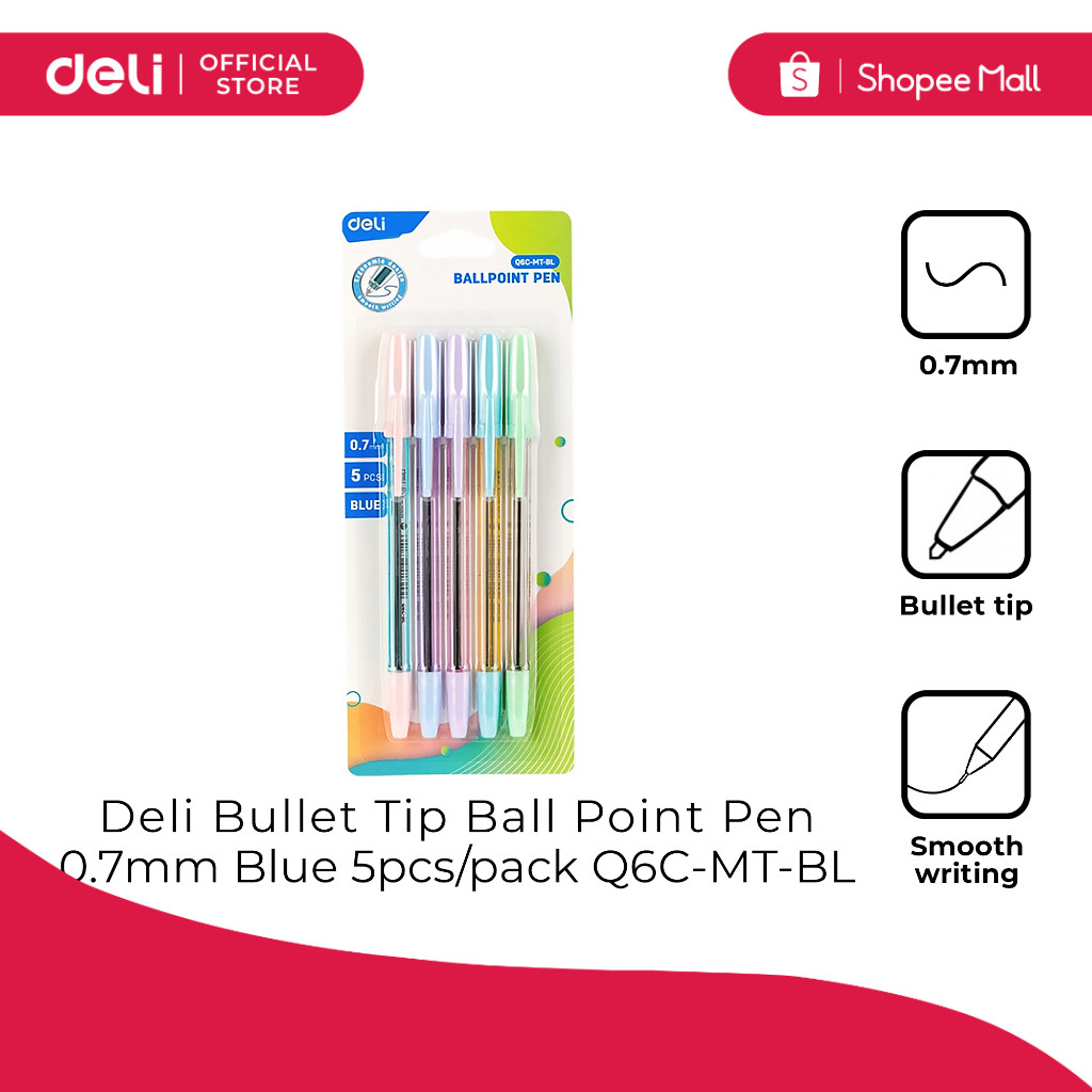 Deli Q6C-MT-BL Bullet Tip Ball Point Pen 0.7mm Blue 5pcs/pack | Shopee ...