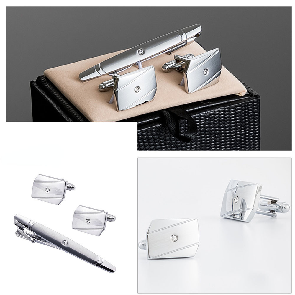 Silver Diamond Business Tie Clip Cufflinks Set for Men French Cufflinks ...