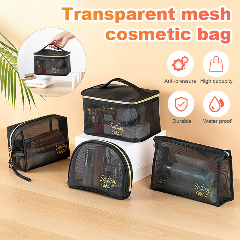 Women Mesh Makeup Bag Mesh Zipper Travel Cosmetic Bag Transparent ...
