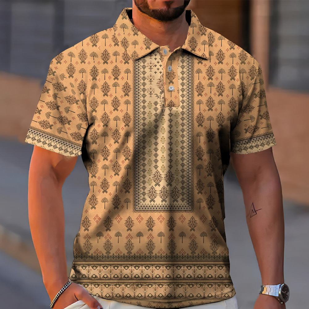 2025 Ethnic Retro Style T-shirt Balong Floral Pattern Printed POLO ...