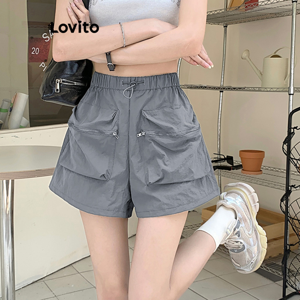Lovito Women Casual Plain Pocket Zipper Shorts LNA30225 (Grey) | Shopee ...