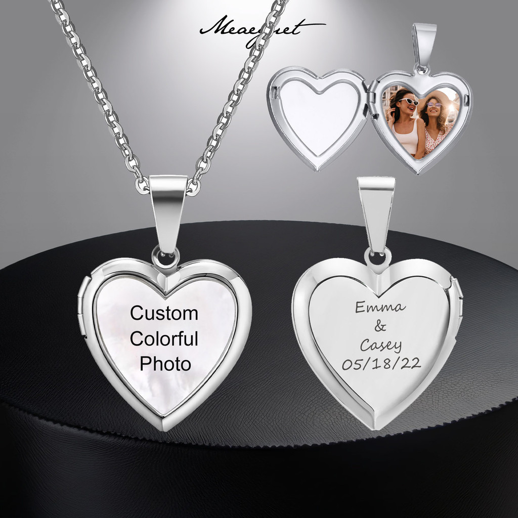 Meaeguet Personalized Heart Locket Necklace, Holds Pictures Engraved on ...