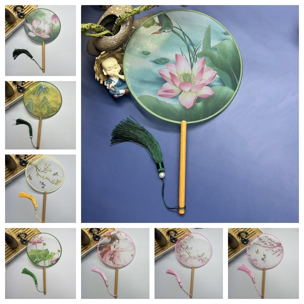 Chinese Round Hand Fan with Wooden Handle Portable Printed Vintage Silk ...