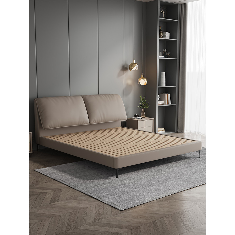Genuine Leather Bed Beech Wood Frame Large Bed Master Bedroom High-end ...