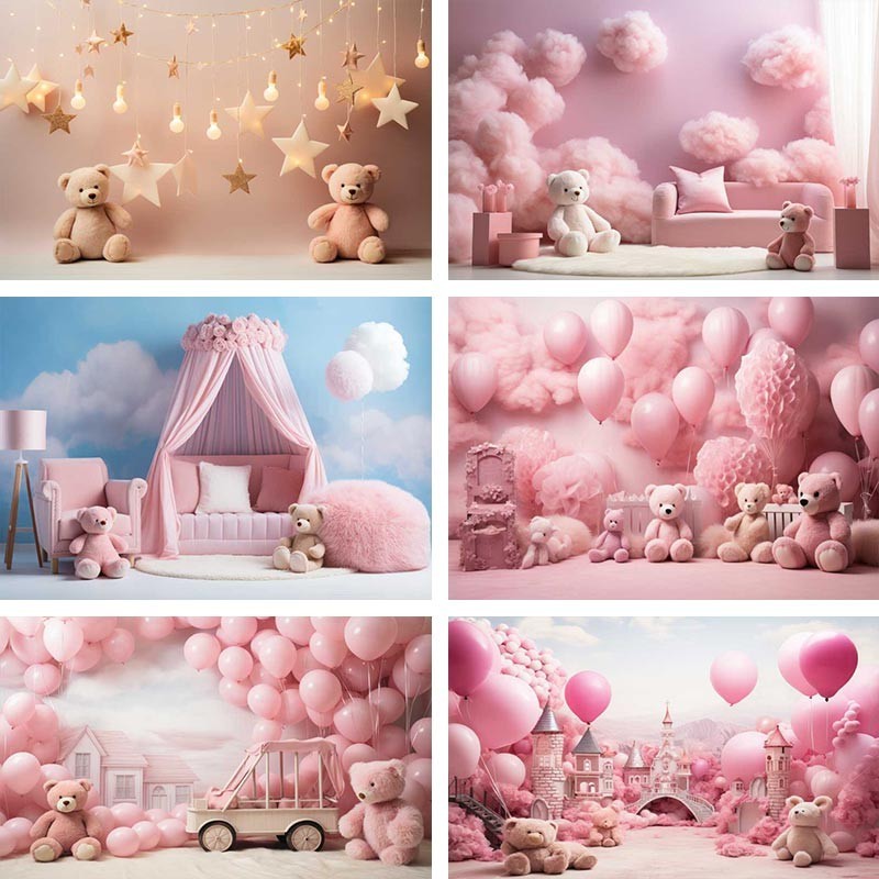 Pink Teddy Bear Backdrop Photograph Children Kids Girls Balloons Castle ...