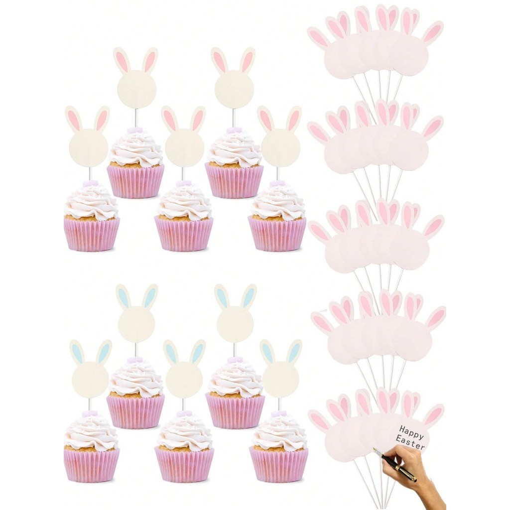20Pcs Easter Bunny Ear Cupcake Toppers, Rabbit Blank Can Writing ...