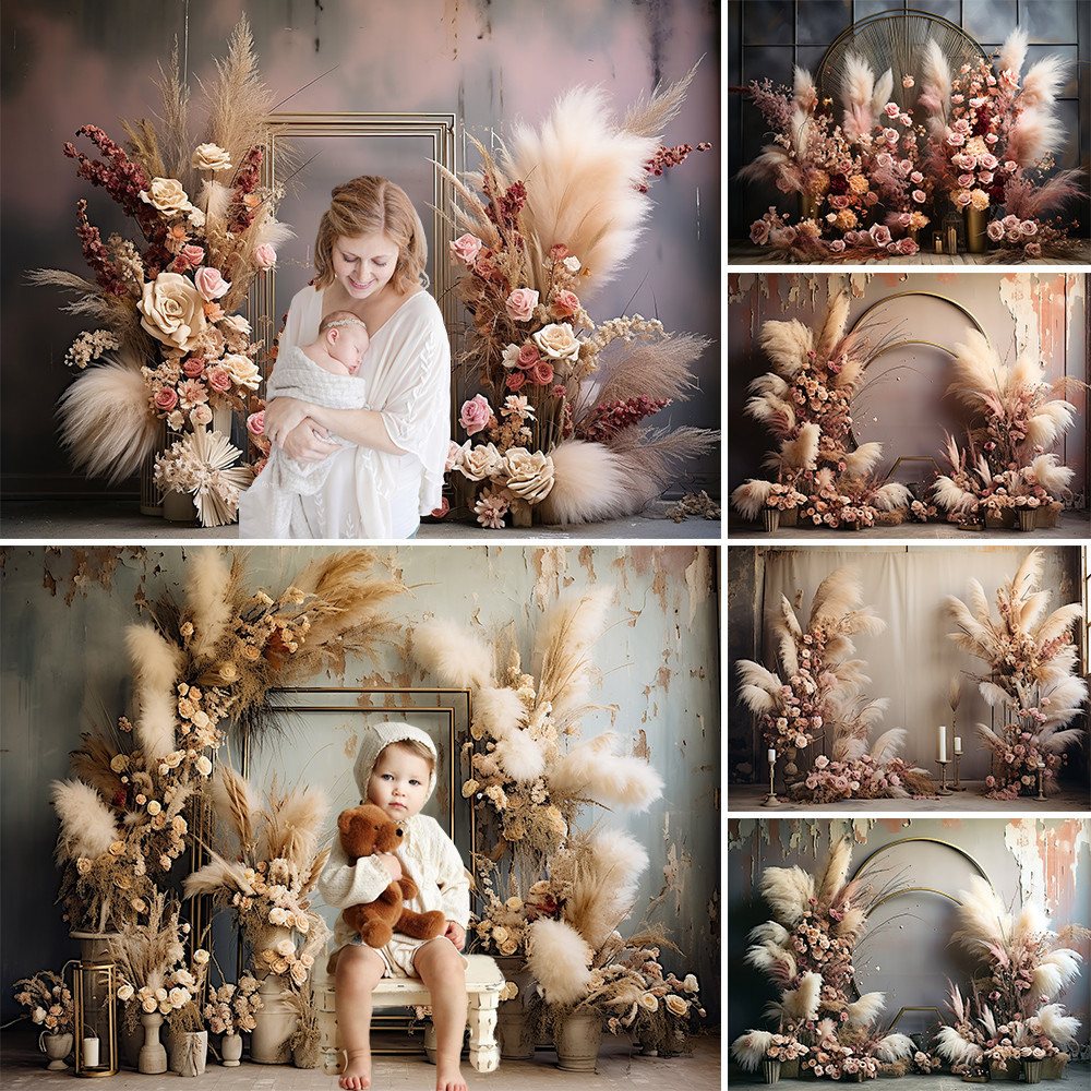 Photography Backgrounds Studio Boho Pampas Grass Gold Border Decor ...