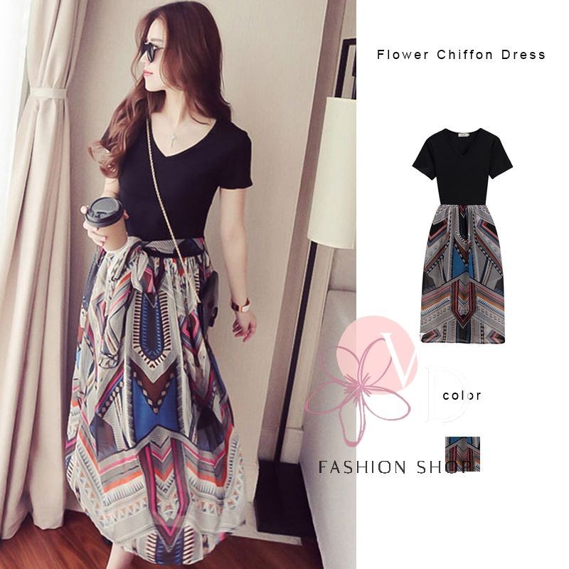 Floral Chiffon Dress Fashionable V-neck Midi Dress High Waist Fake Two Piece Dress Women VD ...