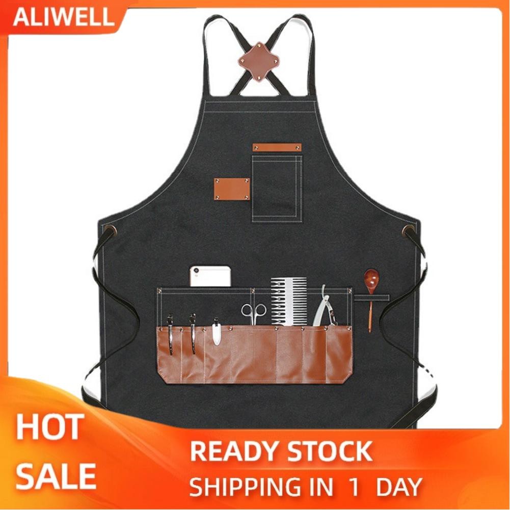 Aliwell Barber Apron Multi Pocket Waterproof Black Chef Aprons for Art ...