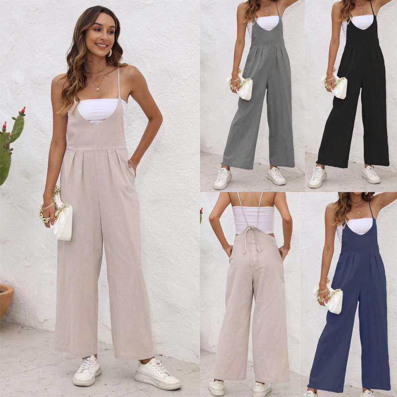 Rompers Summer Women Casual Linen Cotton Solid Color Loose Straight Leg ...