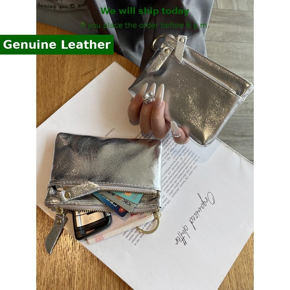 Mini Silver Zipper Cowhide Women’s Wallet Key Holder Card Bag Coin ...