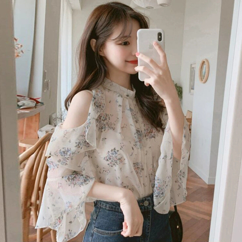 Plus Size Summer French Ruffled Off-the-Shoulder Floral Chiffon Shirt ...