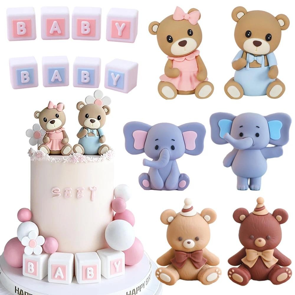 3D Teddy Bear Cake Topper Pink Blue Cute Elephant Boy Girl Birthday ...
