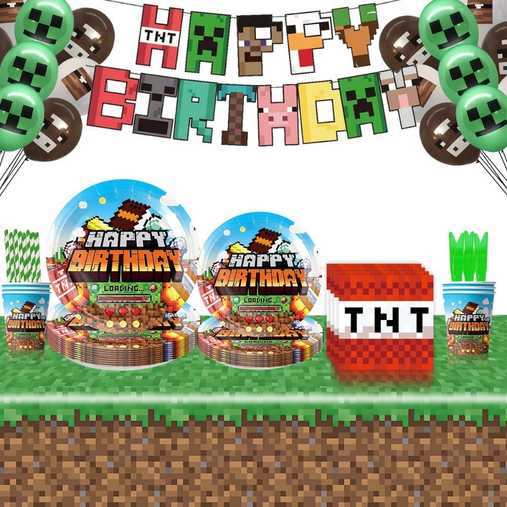 Minecraft Pixel Game Tableware Cup Plate Cake Topper Happy Birthday ...