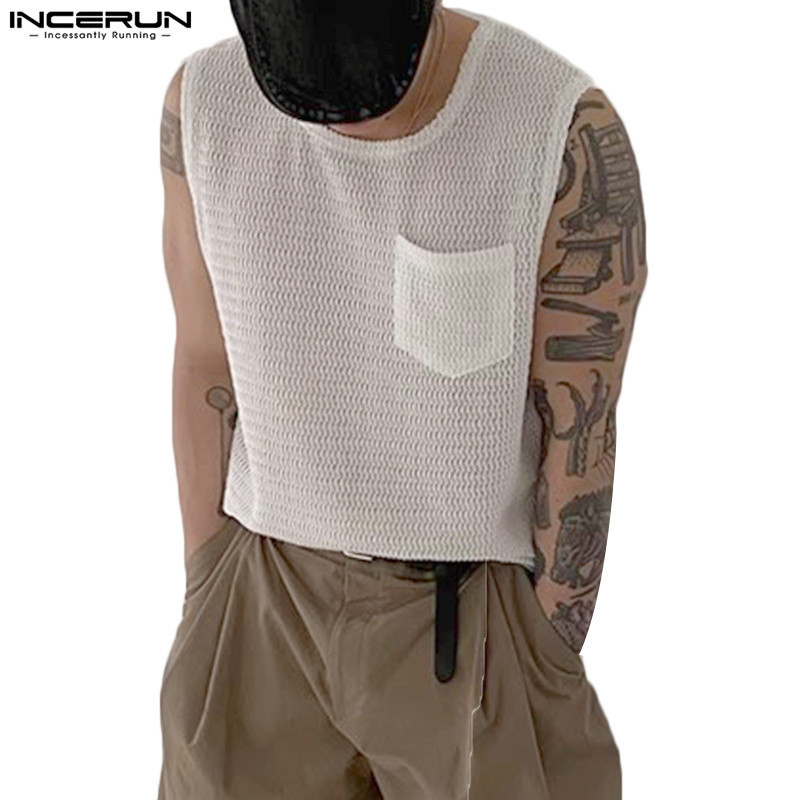 INCERUN Men Korean Casual Hollow Mesh Pattern Sleeveless Pockets Tanks ...