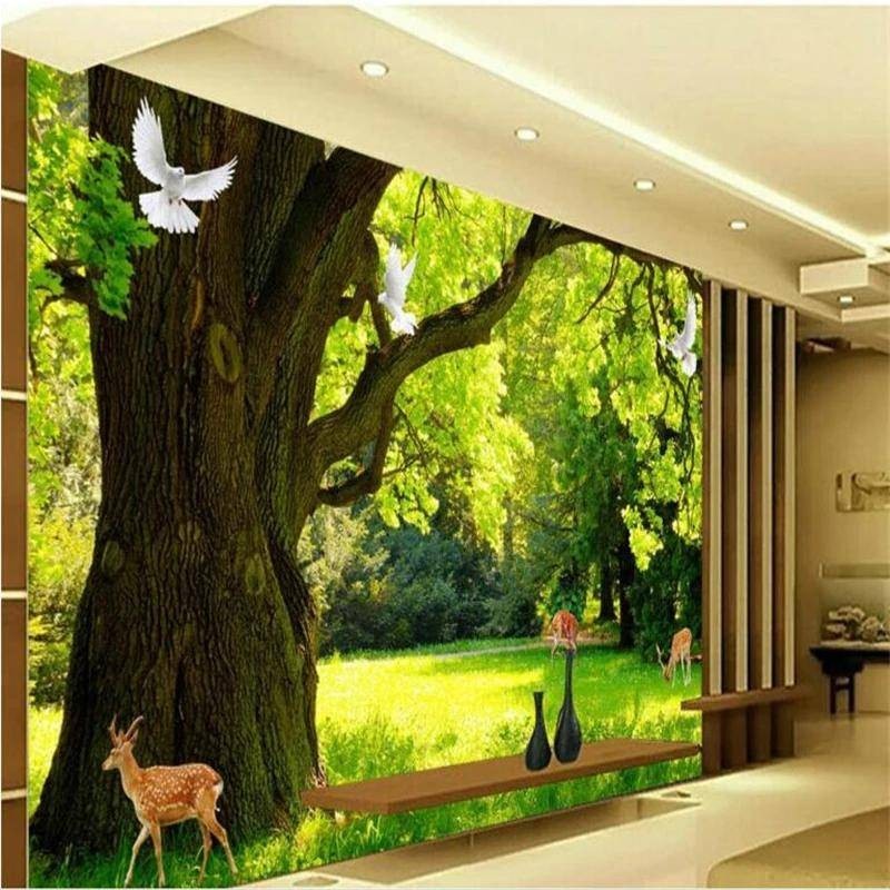 Custom Modern Simple Green Forest Trees Landscape 3d Wall Papers Tv ...