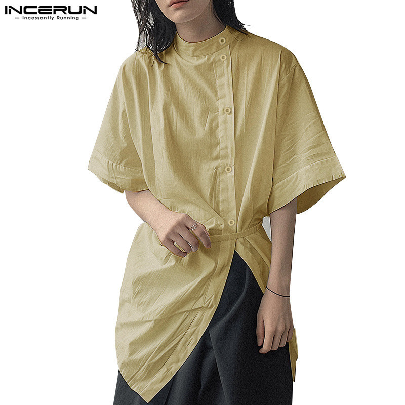 INCERUN Men Korean Half High Neck Solid Color Irregular Design Shirts ...