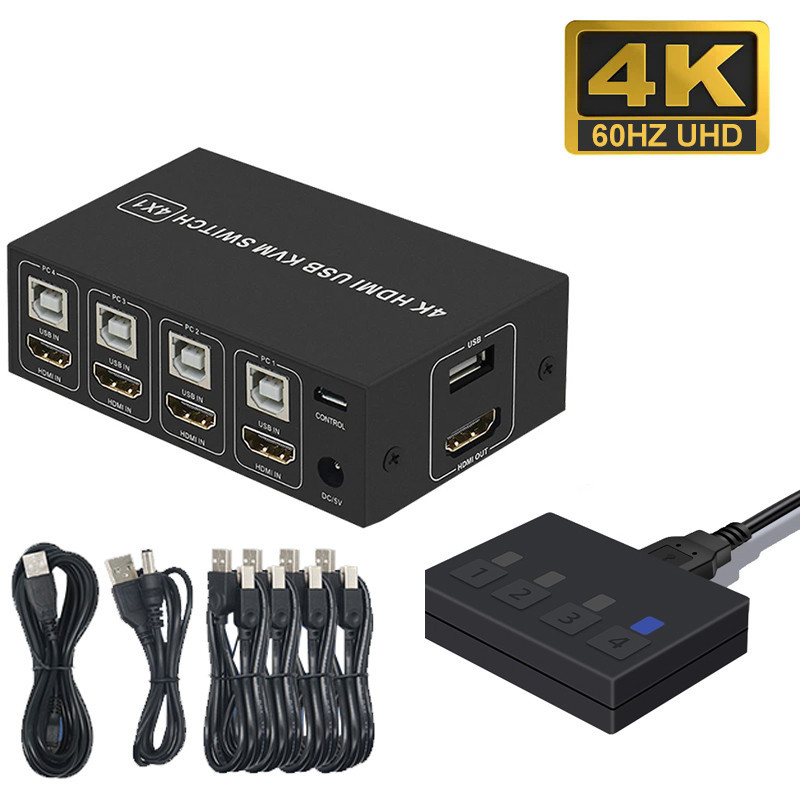 4K HDMI KVM Switch 4x1 4 in 1 Out 4K 60Hz HDMI USB 2.0 KVM Switcher USB Hub Splitter for 4 ...