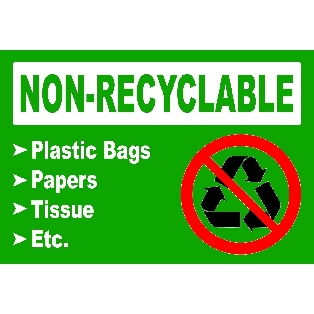 Signs, reminders, notices: recyclable, non-recyclable, biodegradable ...