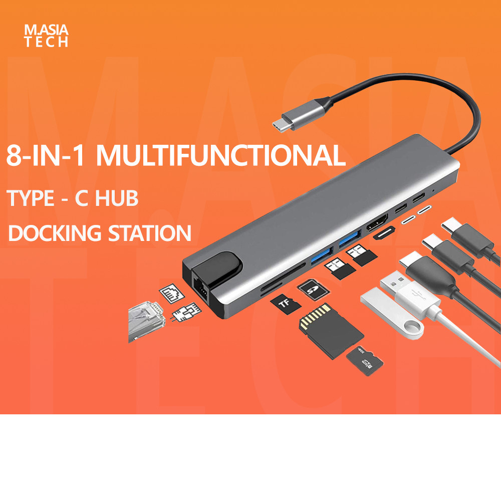 8 in 1 Type C Hub To HDMI RJ45 With 2 USB 3.0 and PD Charging Port Lan ...