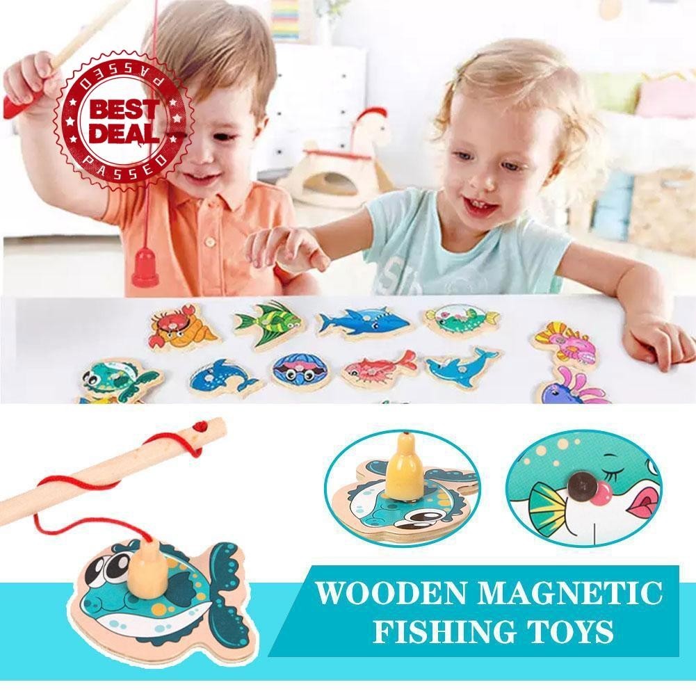 Montessori Wooden Fishing Toys For Children Magnetic Marine Life ...