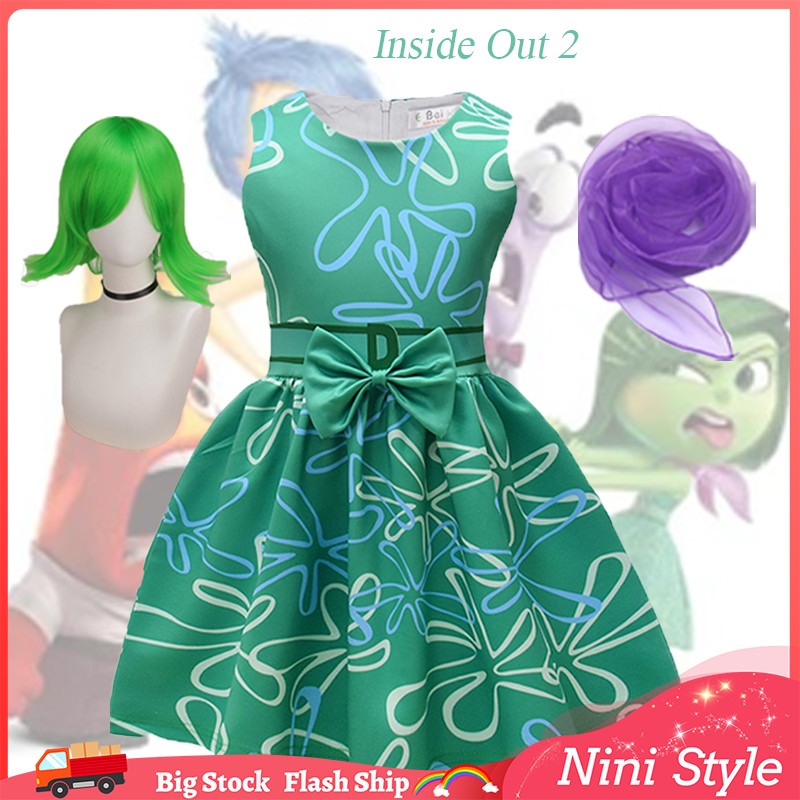 Movie Inside Out 2 Disgust Costume for Kids Girl Green Dress Scarf Wig ...
