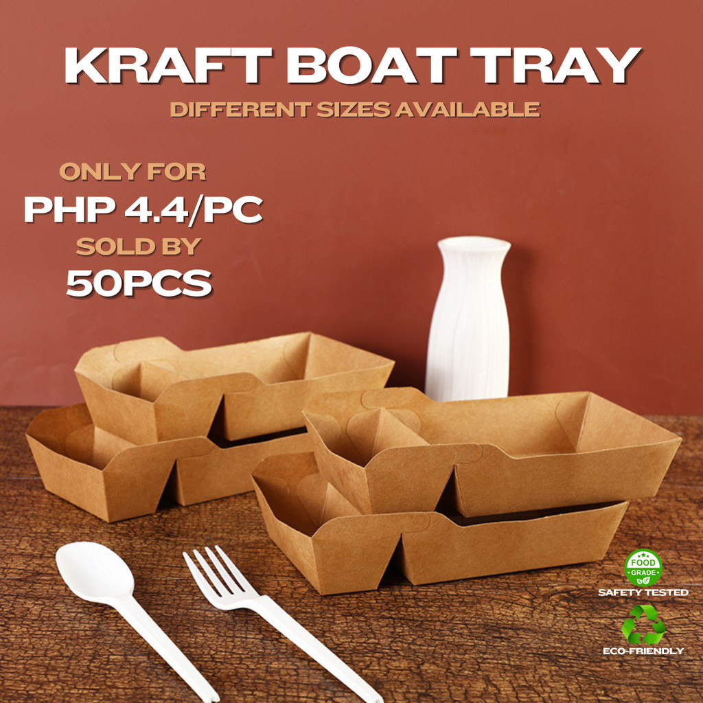 EC 50Pcs 440ML Double Grid Kraft Boat Tray Disposable Hotdog Boat Kraft ...