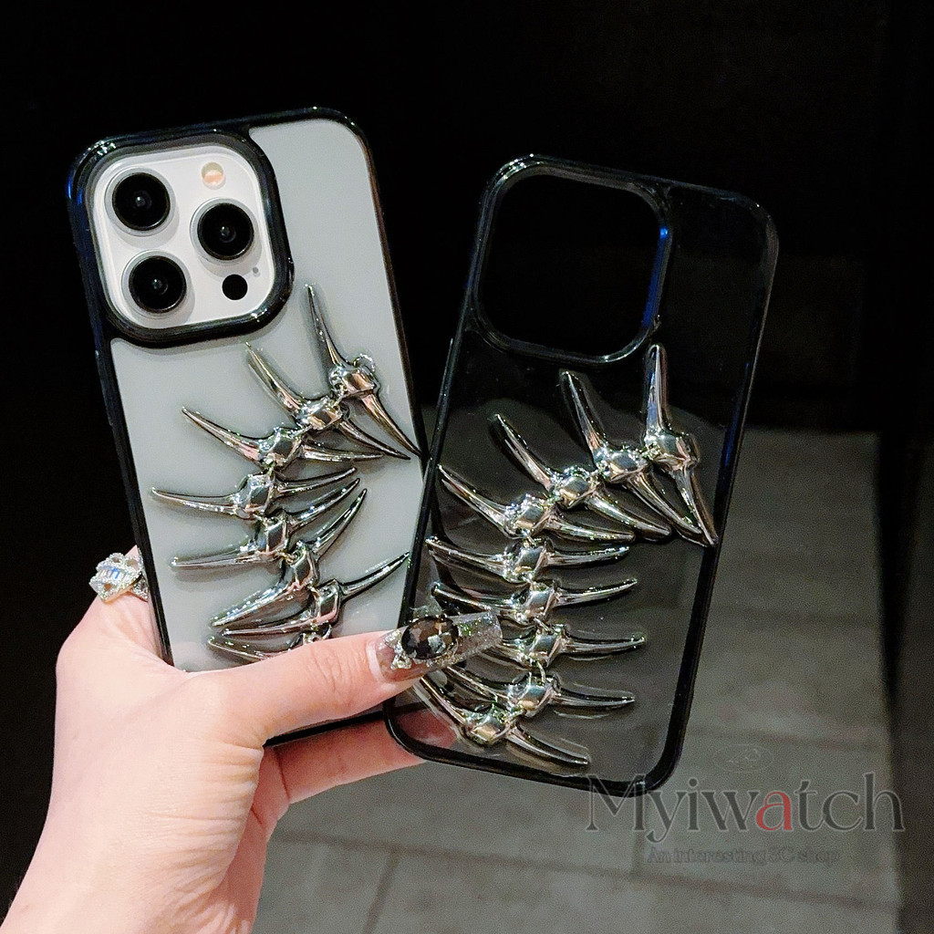 3D metal Fishbone Transparent Case For iPhone 16 15 14 13 12 11 Pro Max ...