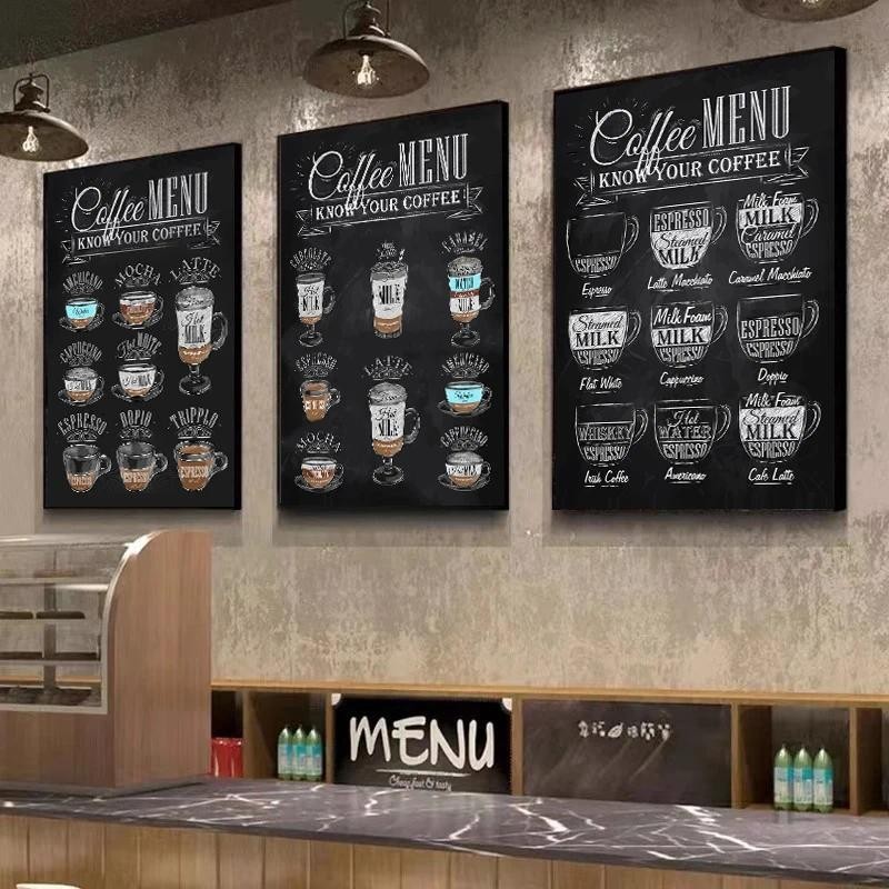 Retro Coffee Menu Guide Poster Vintage Blackboard Canvas Art for Cafe ...