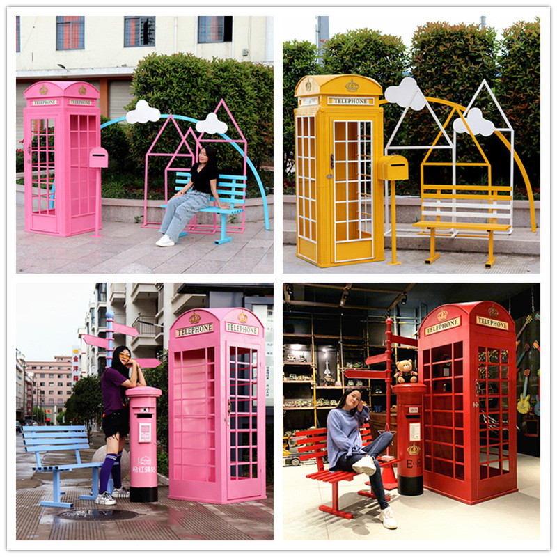 Wrought Iron Pink Telephone Booth Storage Cabinet Mailbox Retro Road ...