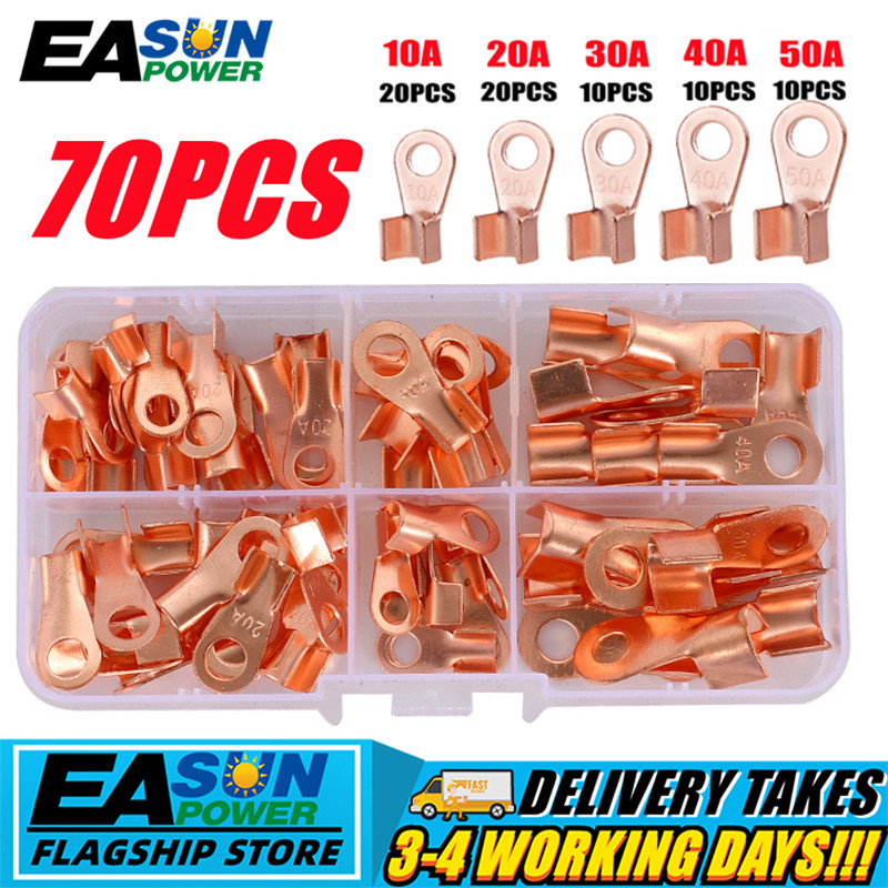 70pcs Copper Battery Cable Connectors 10A-50A OT Type Copper Open Lug ...