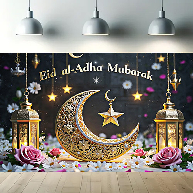 1pc Eid Mubarak Backdrop Multipurpose Party with Moon Star Lantern ...