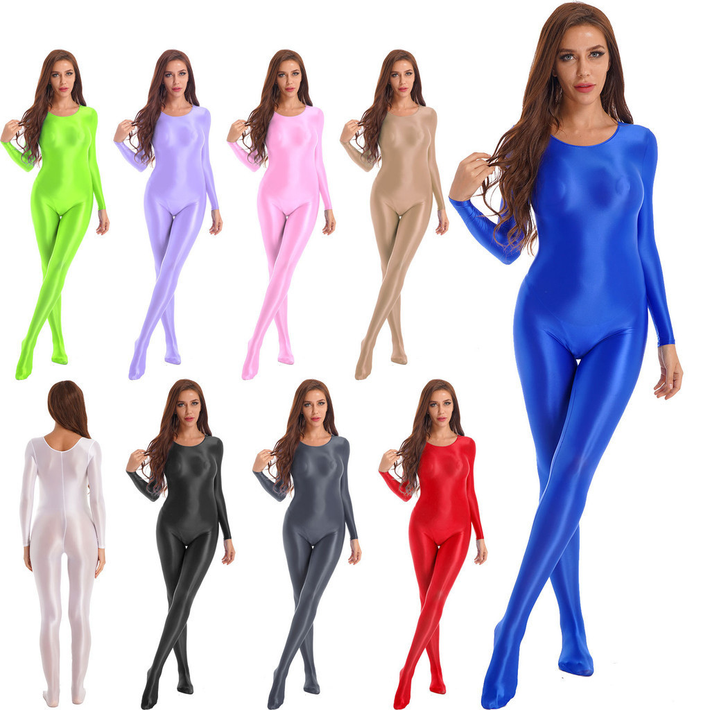 Yeahdor Glossy Full Bodysuit Womens One-Piece Long Sleeve Shiny Unitard ...