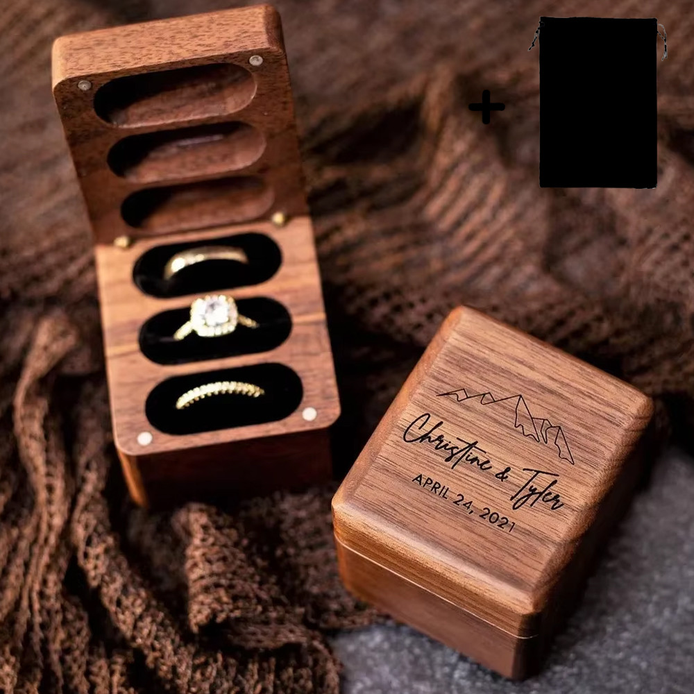 Triple Flip Walnut Wood Ring Box Free Custom Engagement and Wedding ...