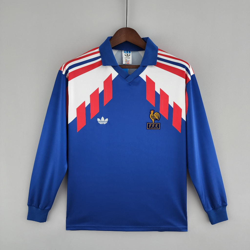 1990 France Home Retro Long Sleeve Soccer Jersey Football Vintage ...