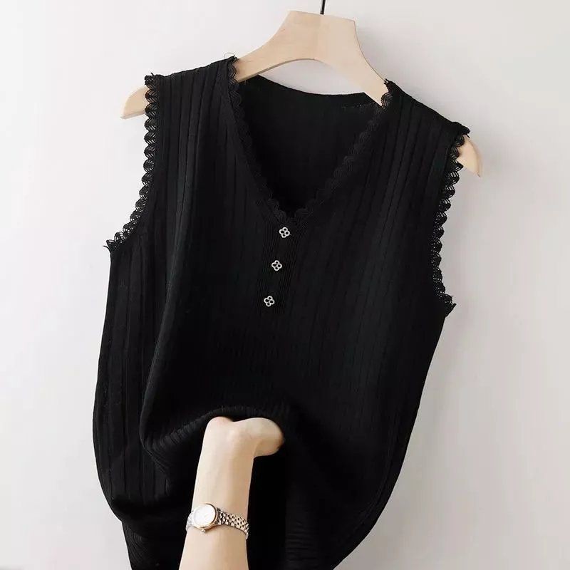 Plus Size S-4XL V-neck Summer Korean Version Slim-Fit Solid Color Tops Sleeveless Black White ...