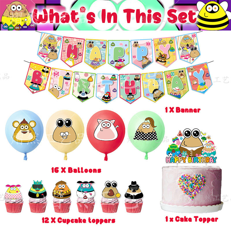 Pou Theme Birthday Decoration Party Background Wall Decoration Flag ...